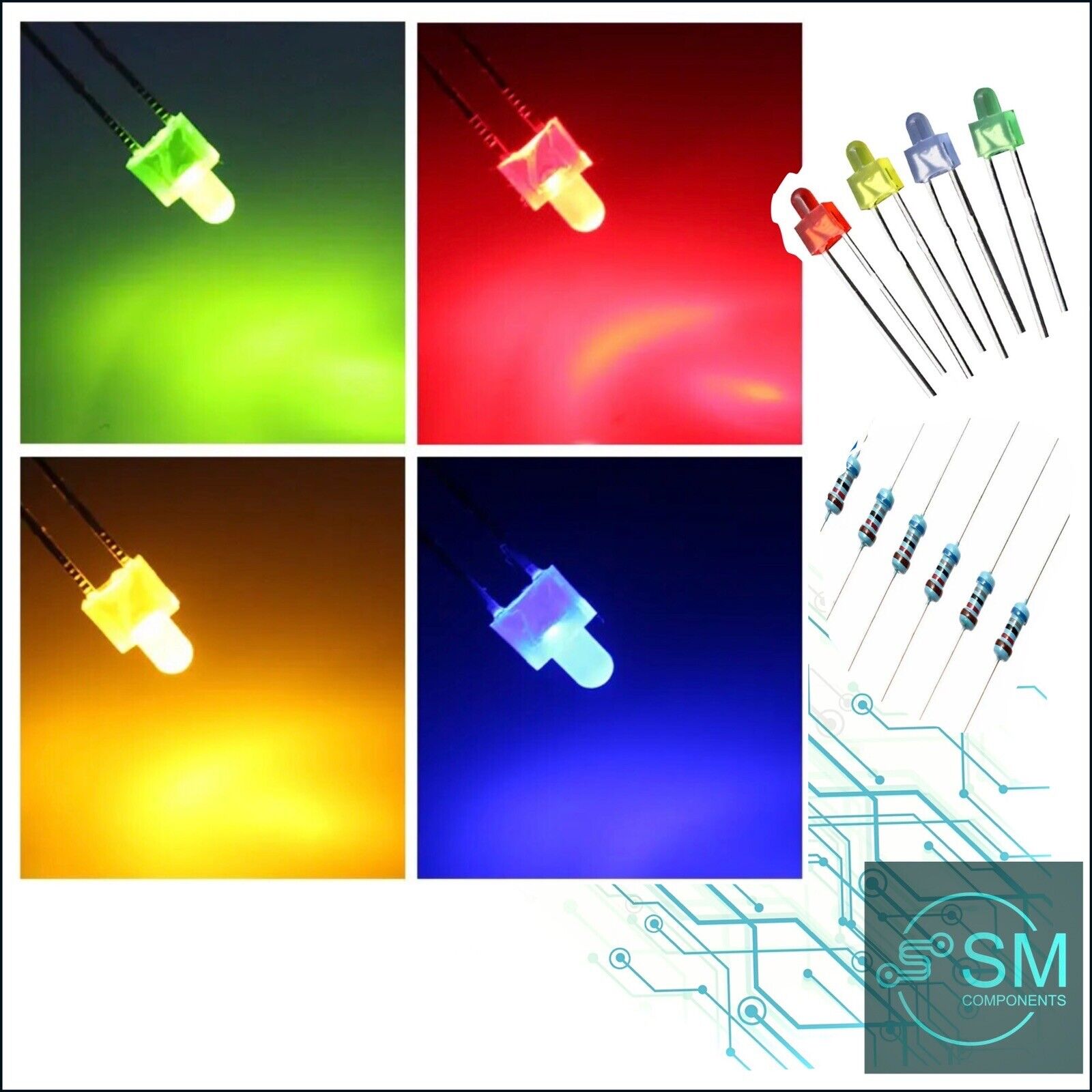 50pcs 2mm LEDS light Emitting Diodes Dome Top DIY Inc Resistors Blue G ...