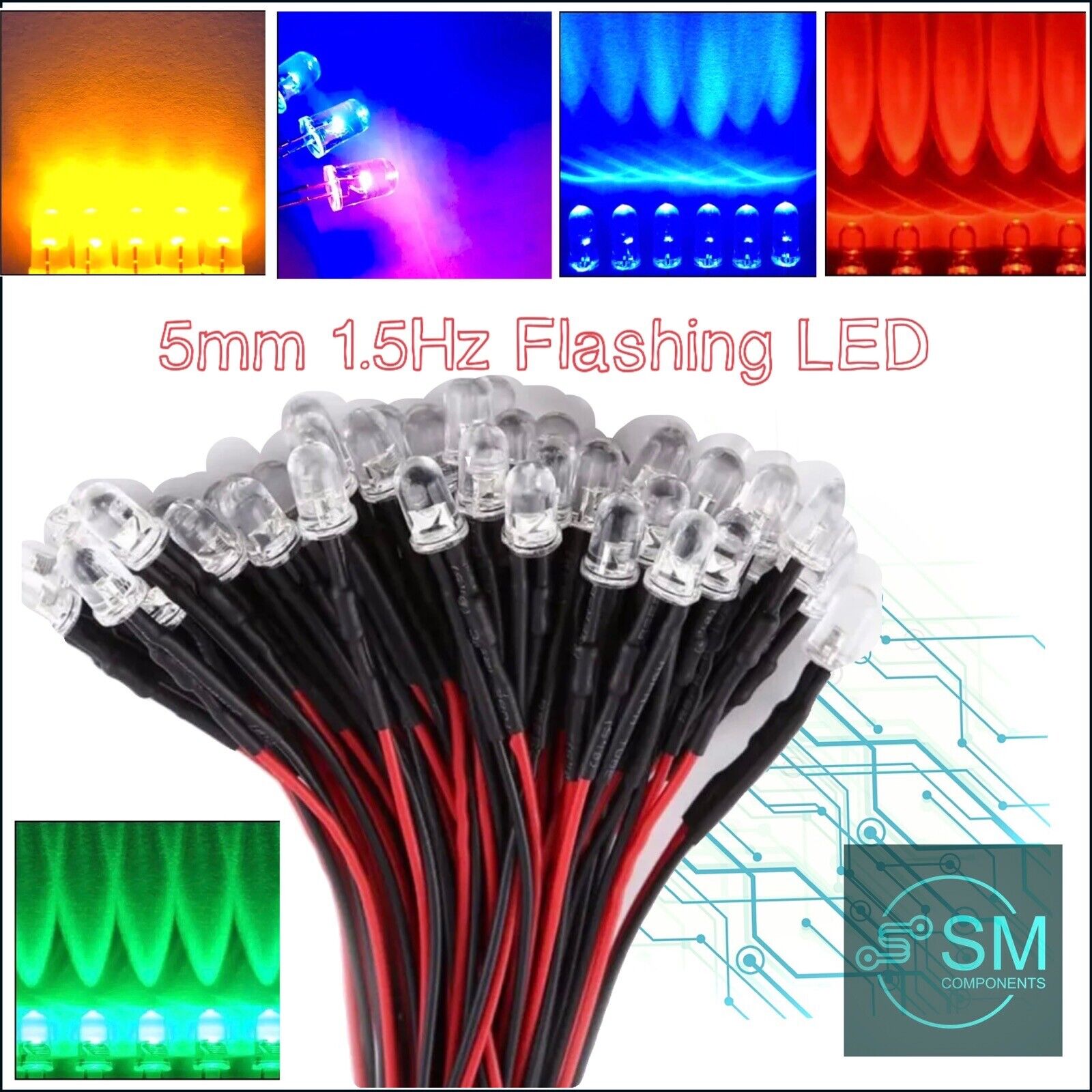 20PC Prewired 6-12V 5mm FLASHING LED 1.5Hz Clear Round Top Light Emitt ...