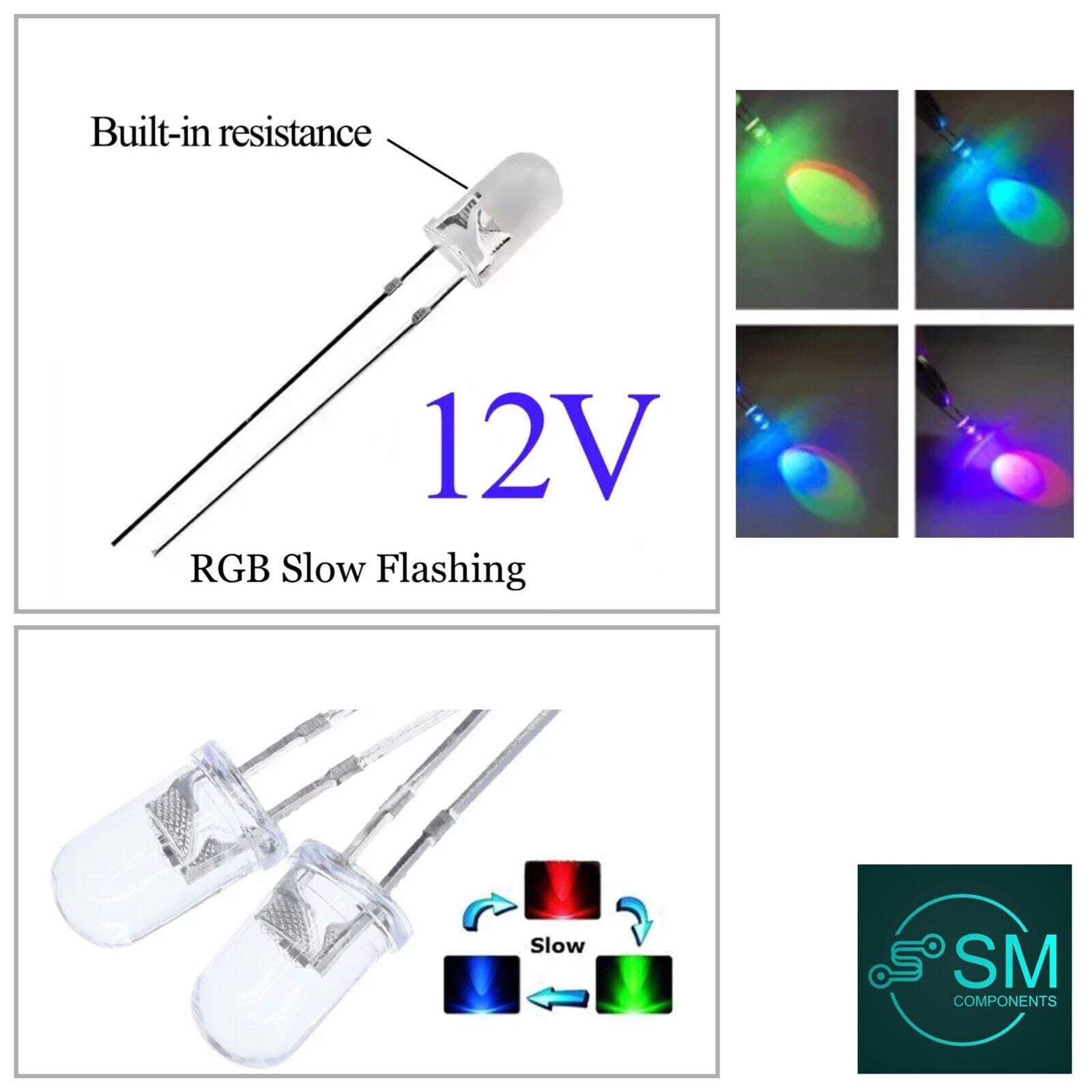 100PCS 5mm RGB SLOW LEDS 4-12 VDC Light Emitting Diode Round Clear NO ...