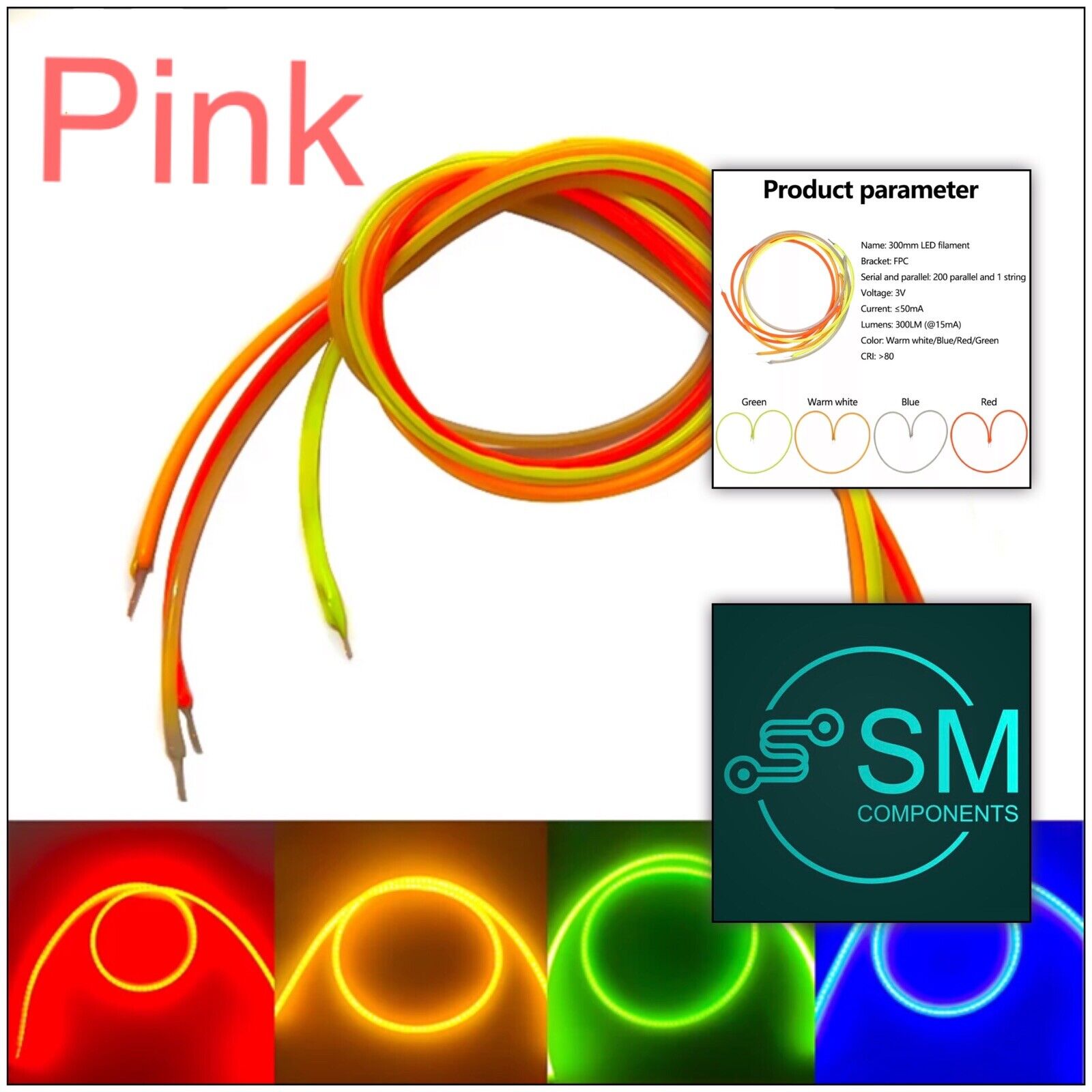 2PC DC3V 300mm PINK Light Emitting Diode Super Flexible Silicone Filam ...