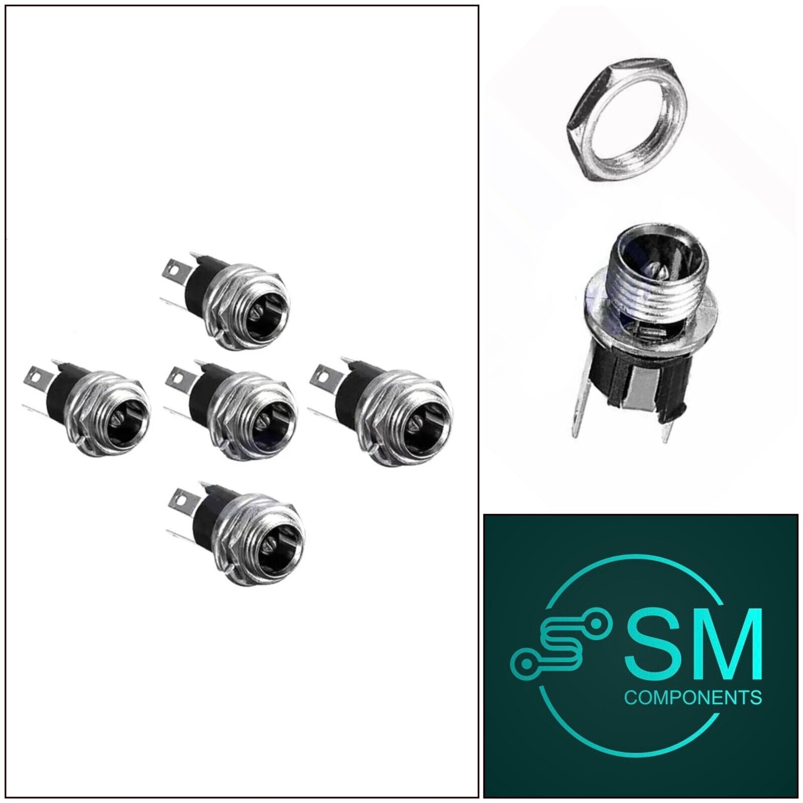 5PCS DC Power Supply Sockets 5.5 X 2.1mm Metal Face Female Panel Mount ...