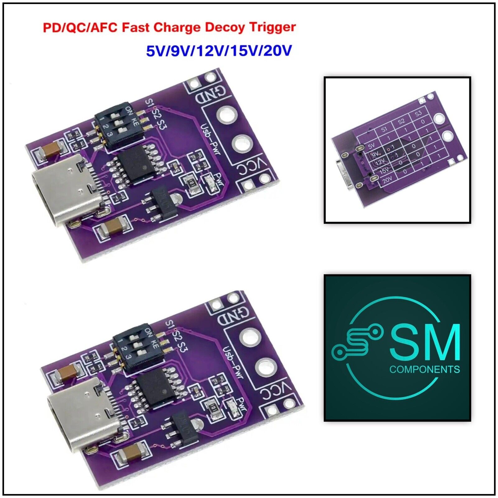 3 X USB Type-C PD/QC/AFC Decoy Trigger Board 5V-20V ADJ Output PD 2-3 ...