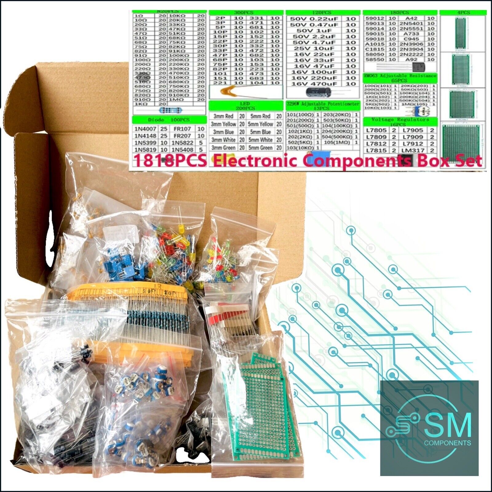 1818PC Electronic Component Kit Capacitor Resistors LED Transistors PC – SM Components